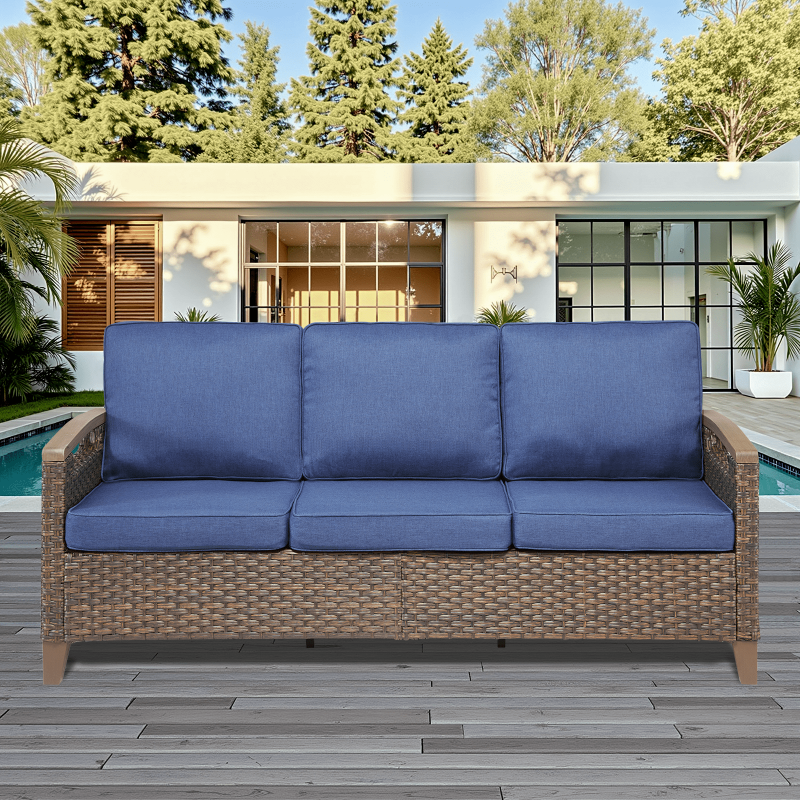 Buenhomino Outdoor Wicker Sofa-3 Seater Rattan High Back Couch Patio ...