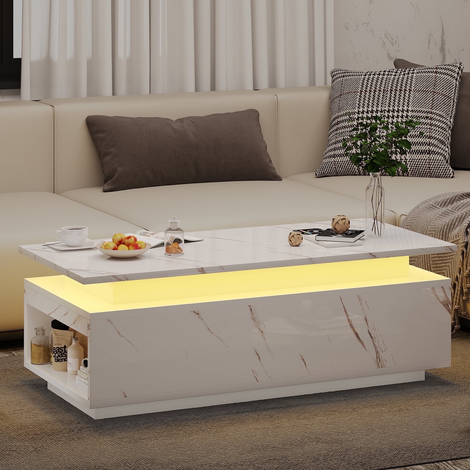 Buenhomino White LED Coffee Table for Living Room, Modern High Glossy ...