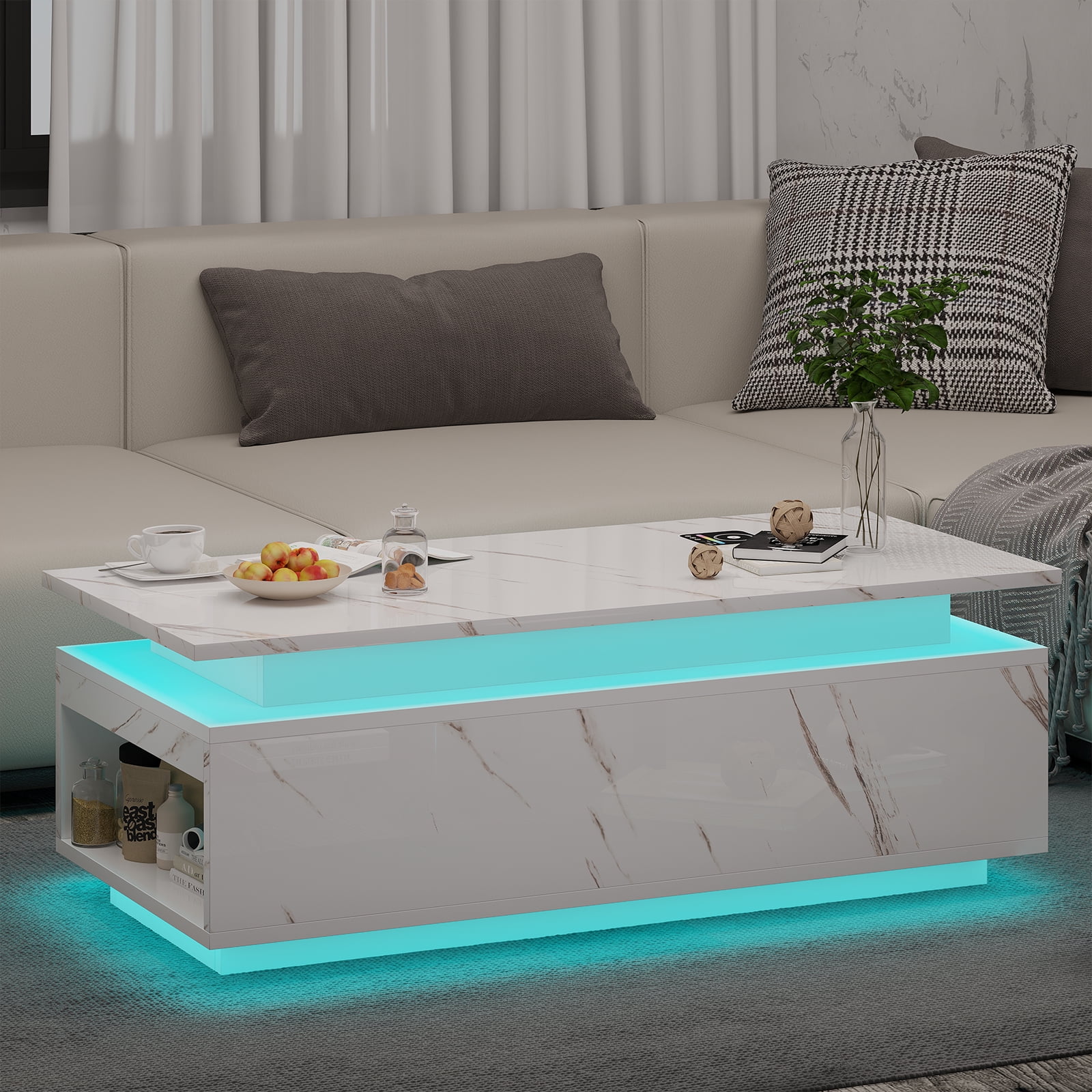 Buenhomino White LED Coffee Table for Living Room, Modern High Glossy ...