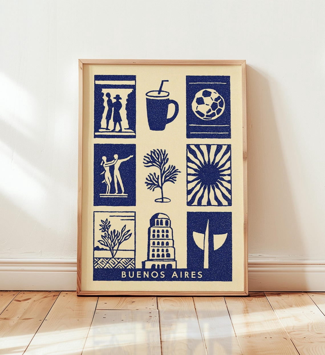 Buenos Aires Linocut Art Modern Argentina Minimalist Travel Blue Beige ...