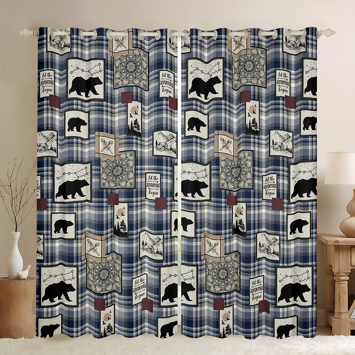 Buffal Plaid Bear Curtains for Living Room Retro Bohemian Blackout ...