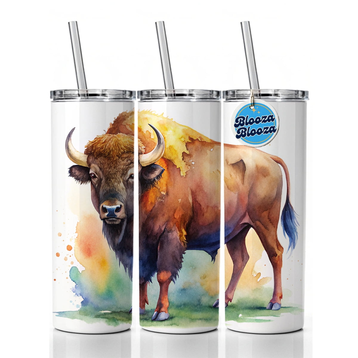 Buffalo Bison Watercolor 20oz Insulated Water Bottle Skinny Tumbler ...