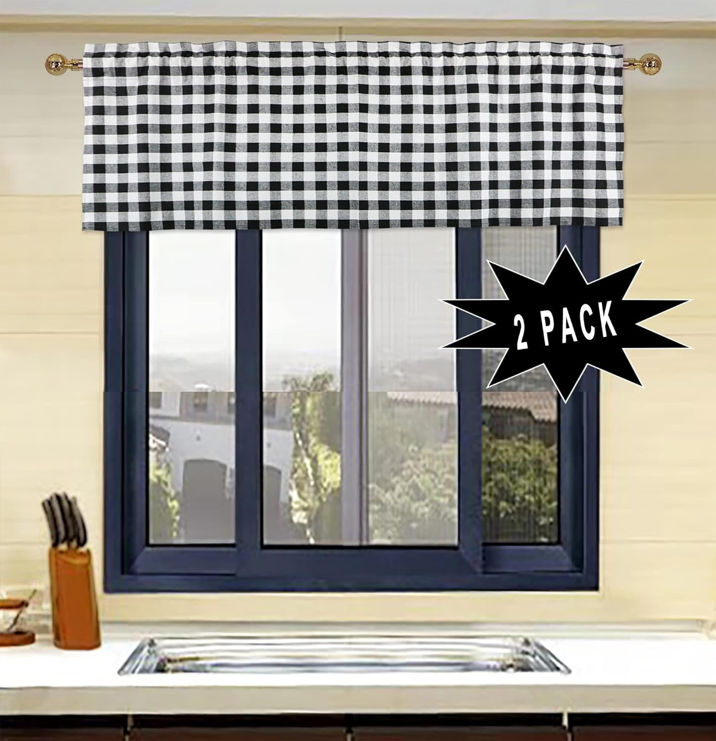 Buffalo Black and White Check Kitchen Window Valance 2 Pack Half Short ...