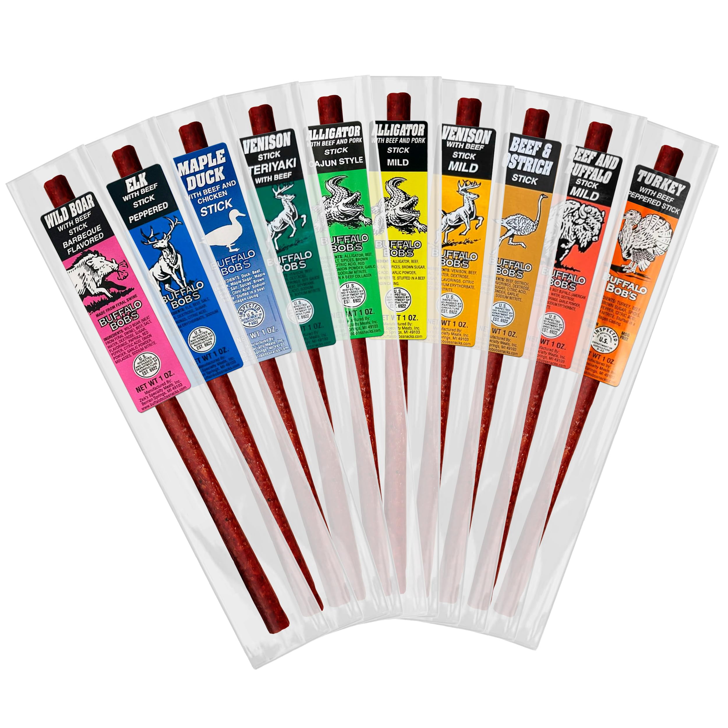 Buffalo Bob's Wild Game DMF15 Meat Snacks (1oz Stick, 10 Pack) Exotic Variety Assortment Sampler ...