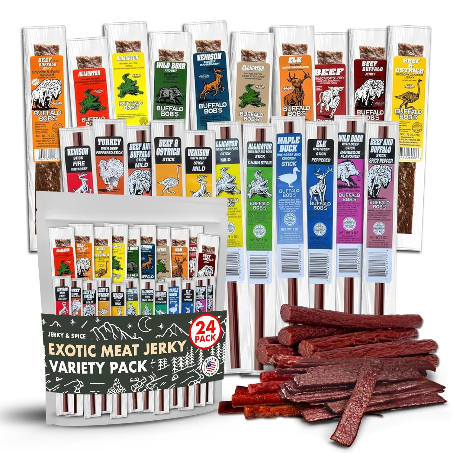 Buffalo Bob's Wild Game Meat (24 pack), Jerky Assortment Pack of ...