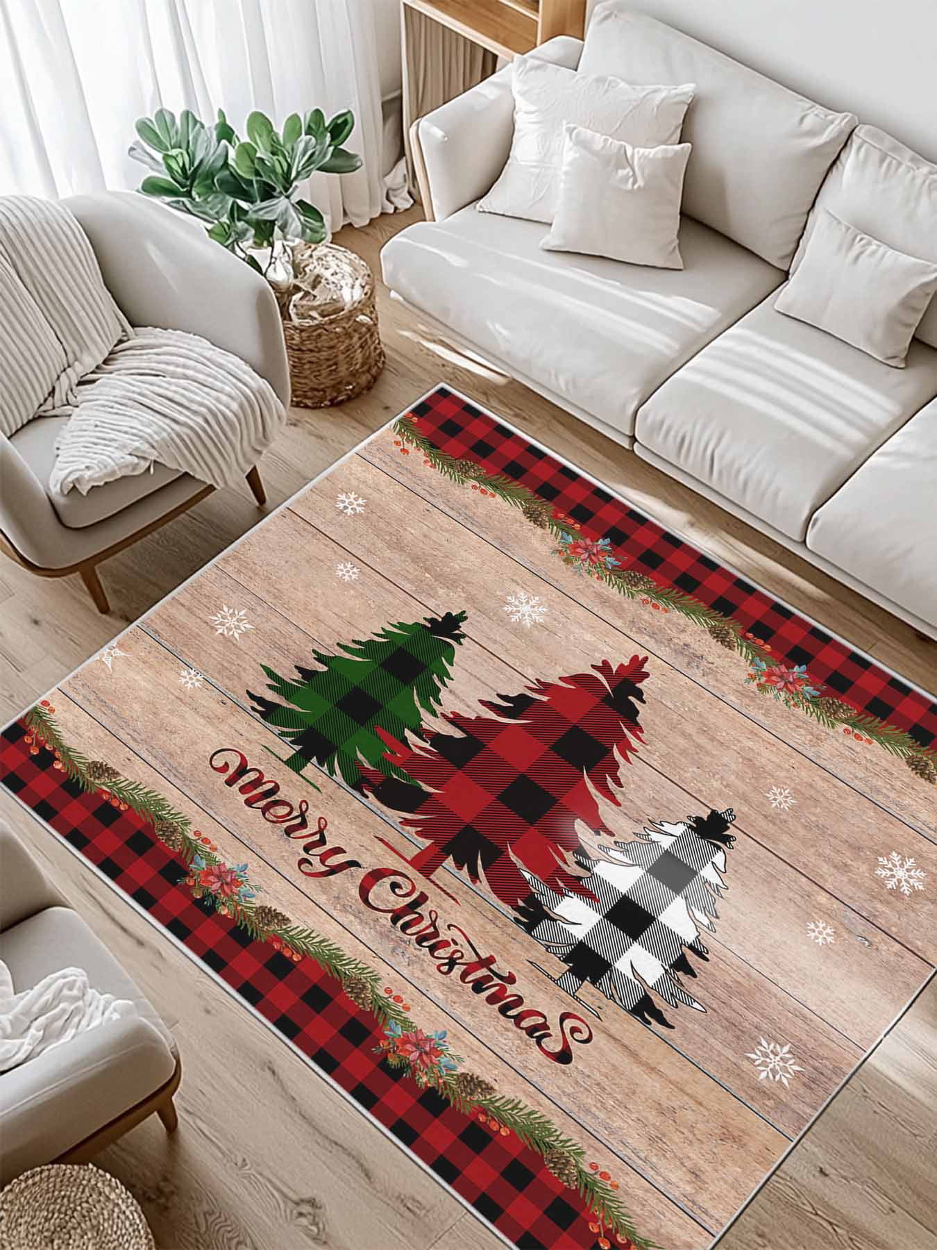 Buffalo Check Area Rug for Bedroom 4x6 Ft Plaid Merry Christmas Trees ...