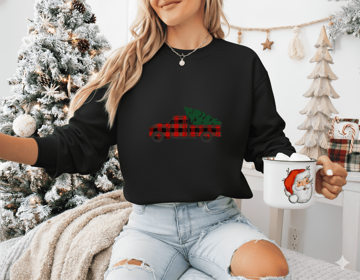 Buffalo Check Christmas Truck Tree Plaid Holiday Retro Sweatshirt, up ...