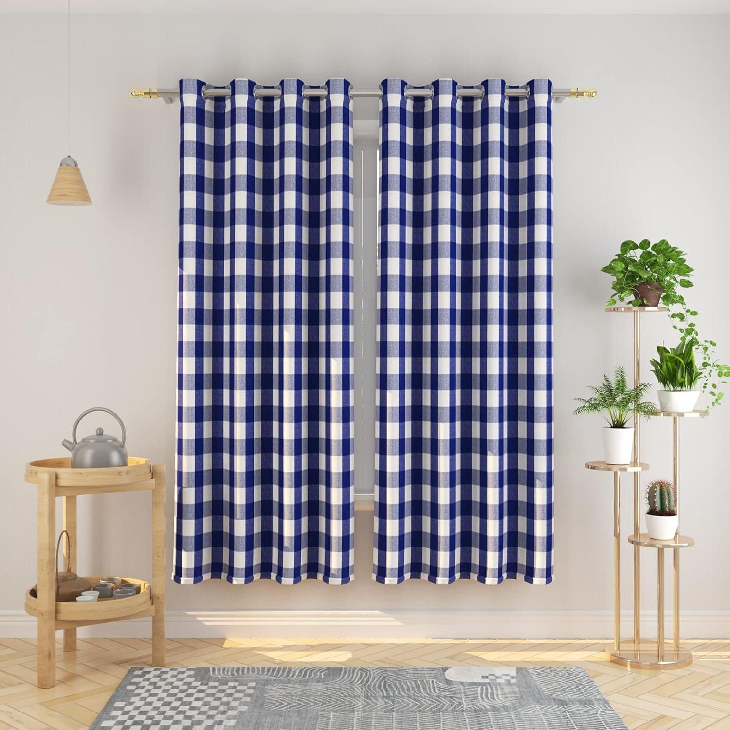 Buffalo Check Curtains 72 inches Long Basement Navy Blue and White Gingham Plaid Kitchen Window ...
