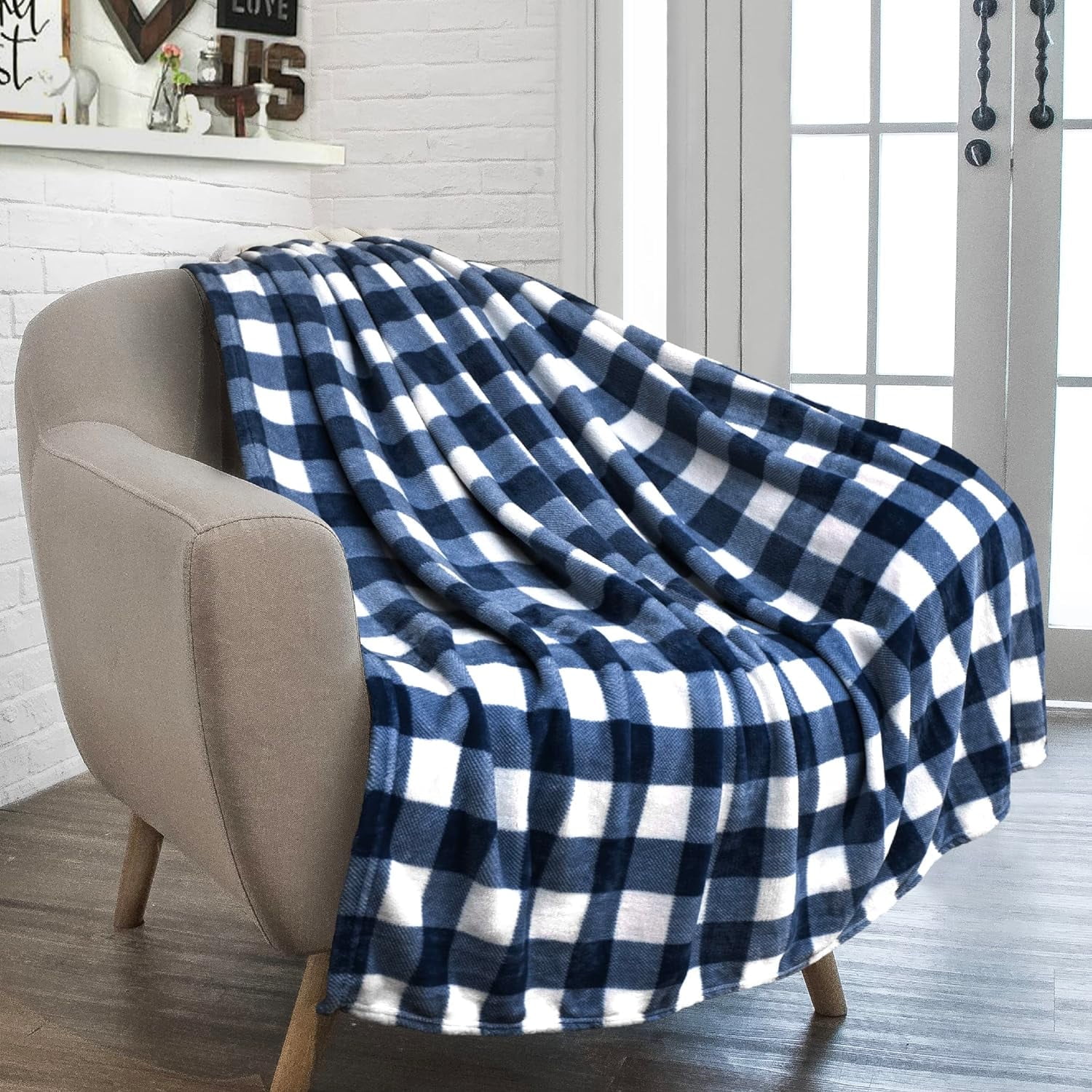 Buffalo Check Fleece Throw Blanket | Blue White Checkered Plaid Flannel ...