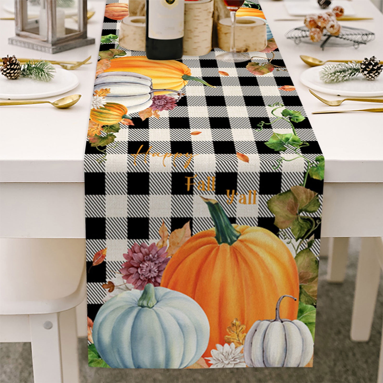 Buffalo Check Plaid Fall Table Runner 13"x38", Harvest Thanksgiving Pumpkins Mushrooms Birdhouse ...