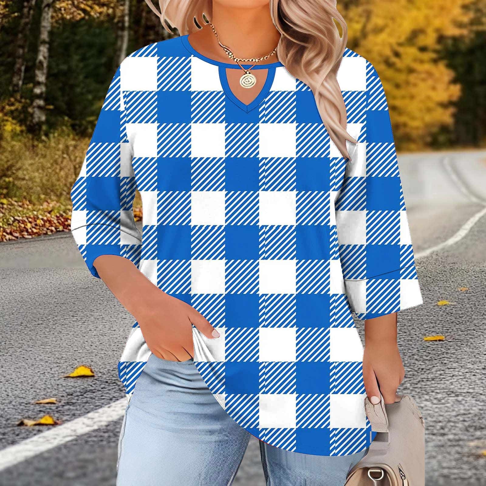 Buffalo Check Plaid Graphic Top for Women Split V-Neck Keyhole 3/4 ...
