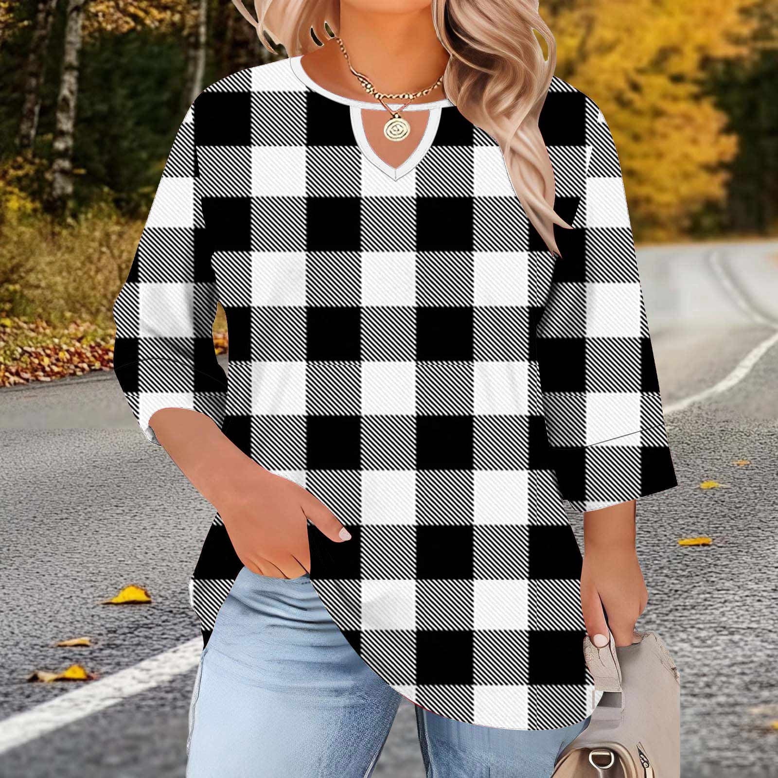 Buffalo Check Plaid Graphic Top for Women Split V-Neck Keyhole 3/4 ...
