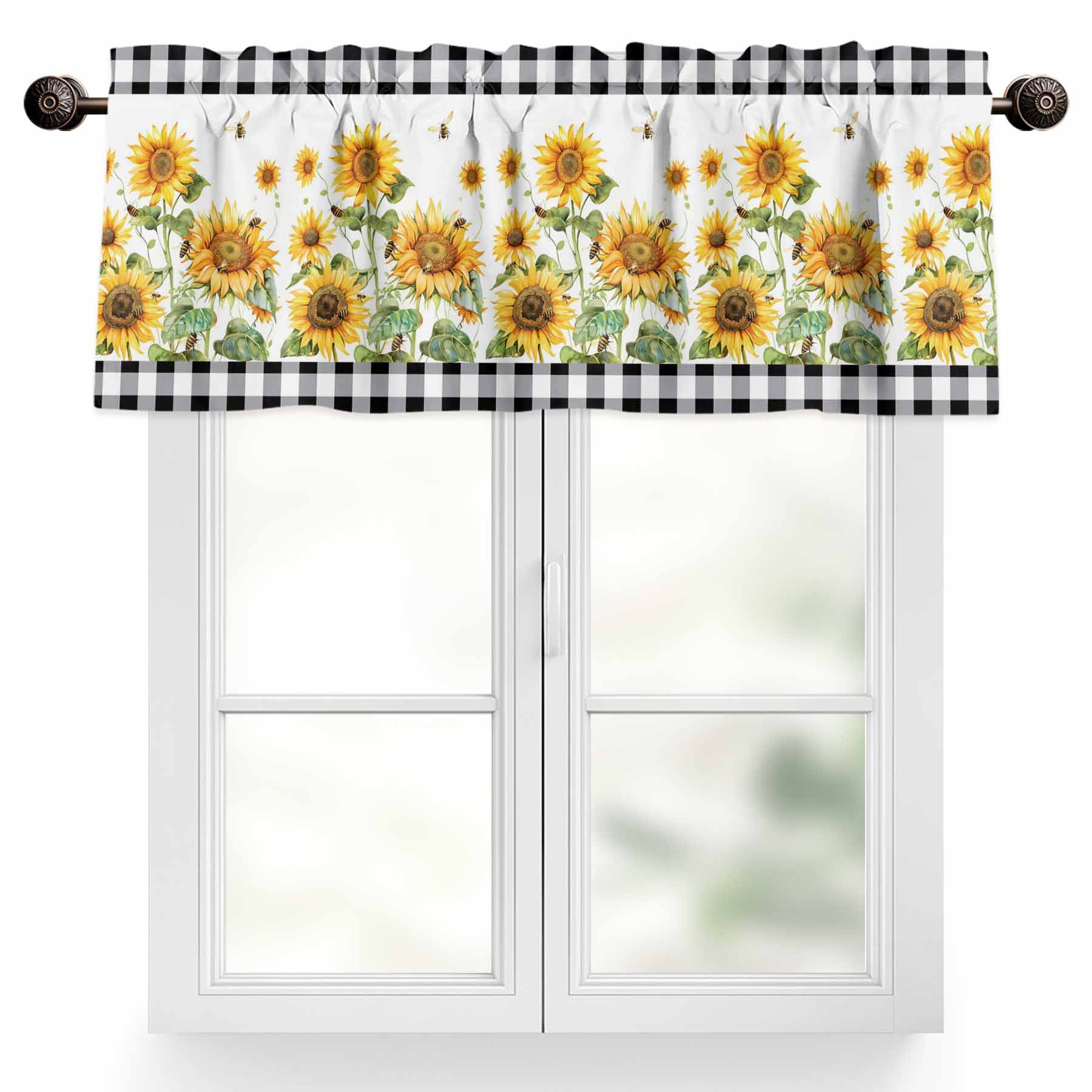 Buffalo Check Plaid Kitchen Valances for Windows Farm Sunflower Bee ...