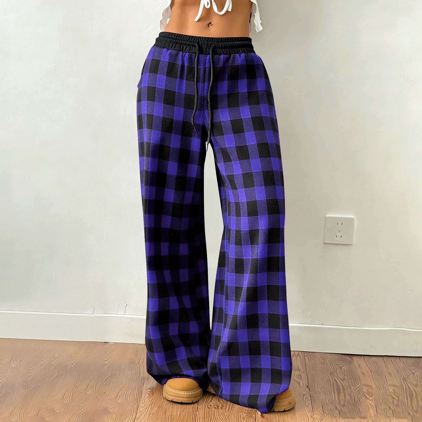 Buffalo Check Plaid Palazzo Pants for Women Drawstring Elastic Waist ...