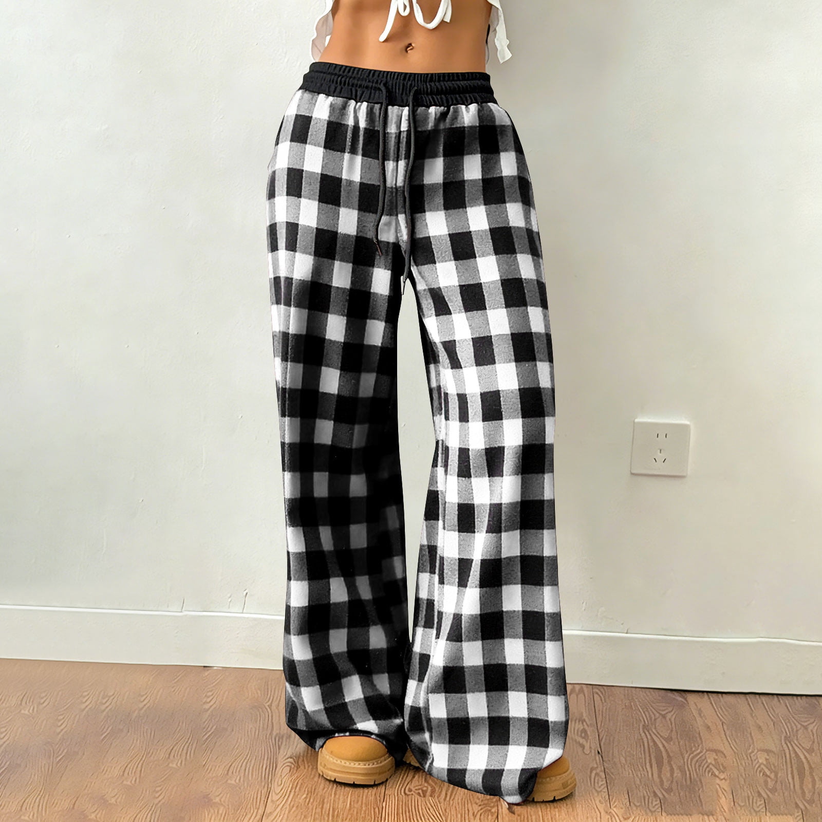 Buffalo Check Plaid Palazzo Pants for Women Drawstring Elastic Waist ...
