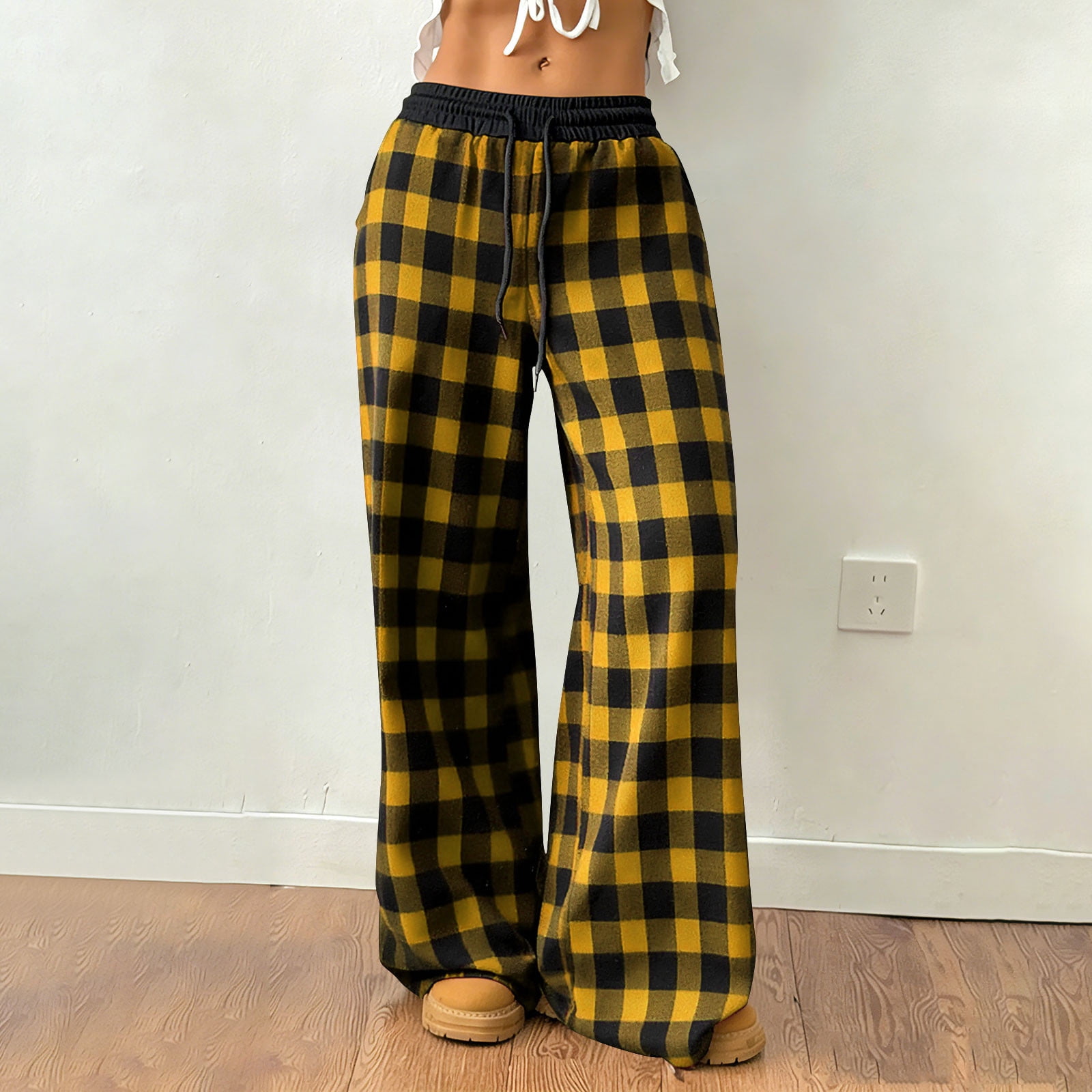 Buffalo Check Plaid Palazzo Pants for Women Drawstring Elastic Waist ...