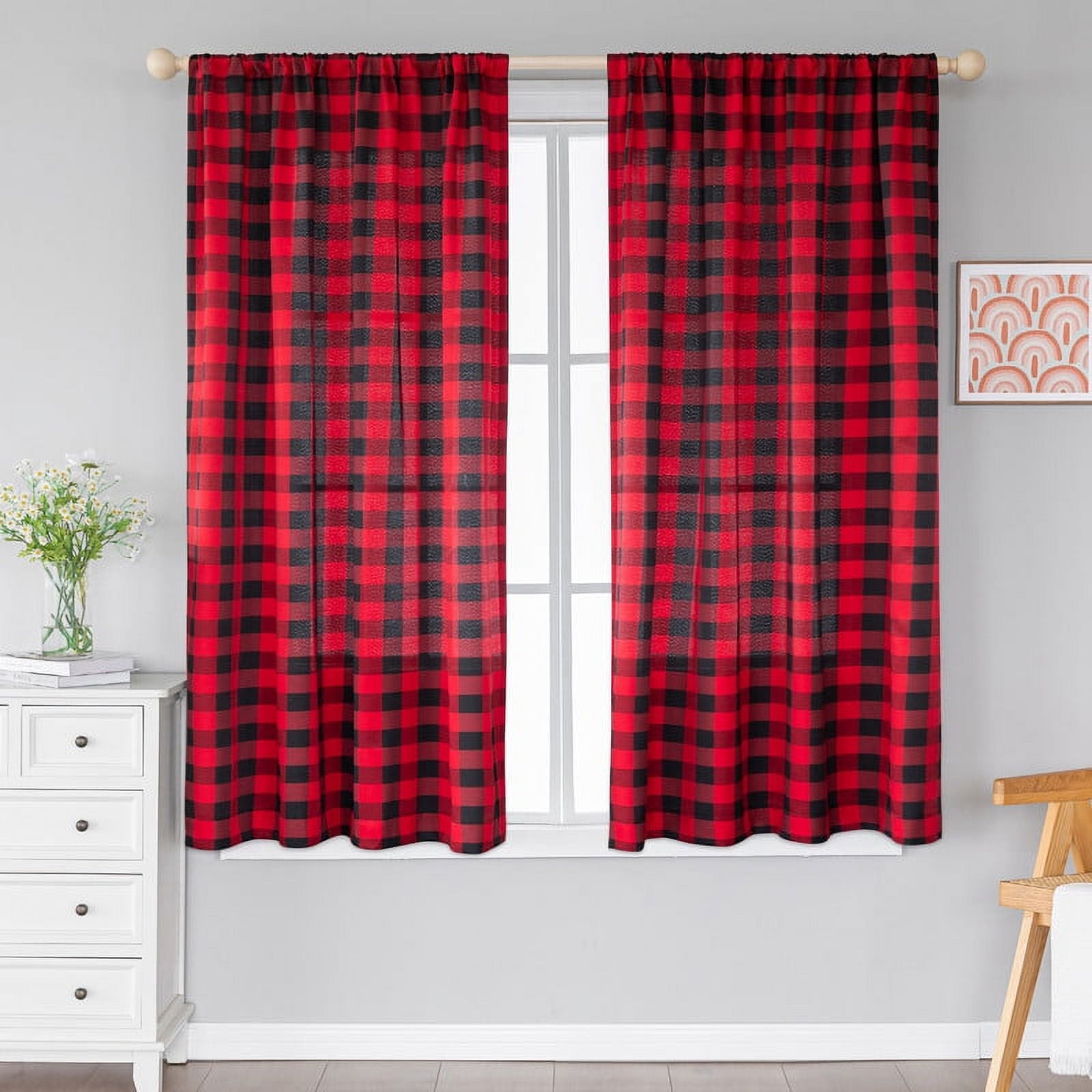 Buffalo Check Curtains, Red Black, Light Filtering, Rustic Look, 2 ...