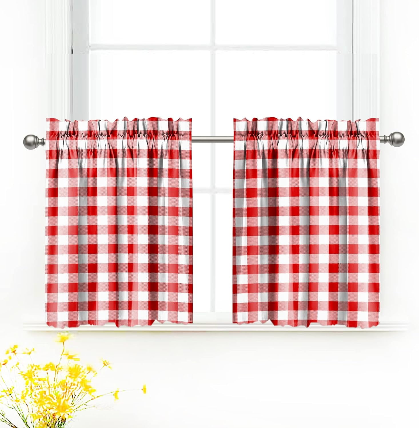 Buffalo Check Tiers Pair Red and White Farmhouse Window Tiers Curtain ...