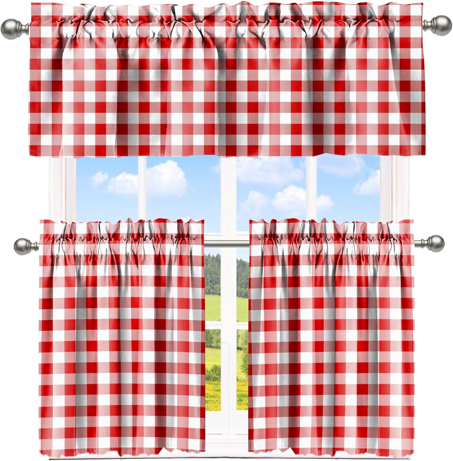 Buffalo Check Tiers and Valances Set Red and White Farmhouse Kitchen ...