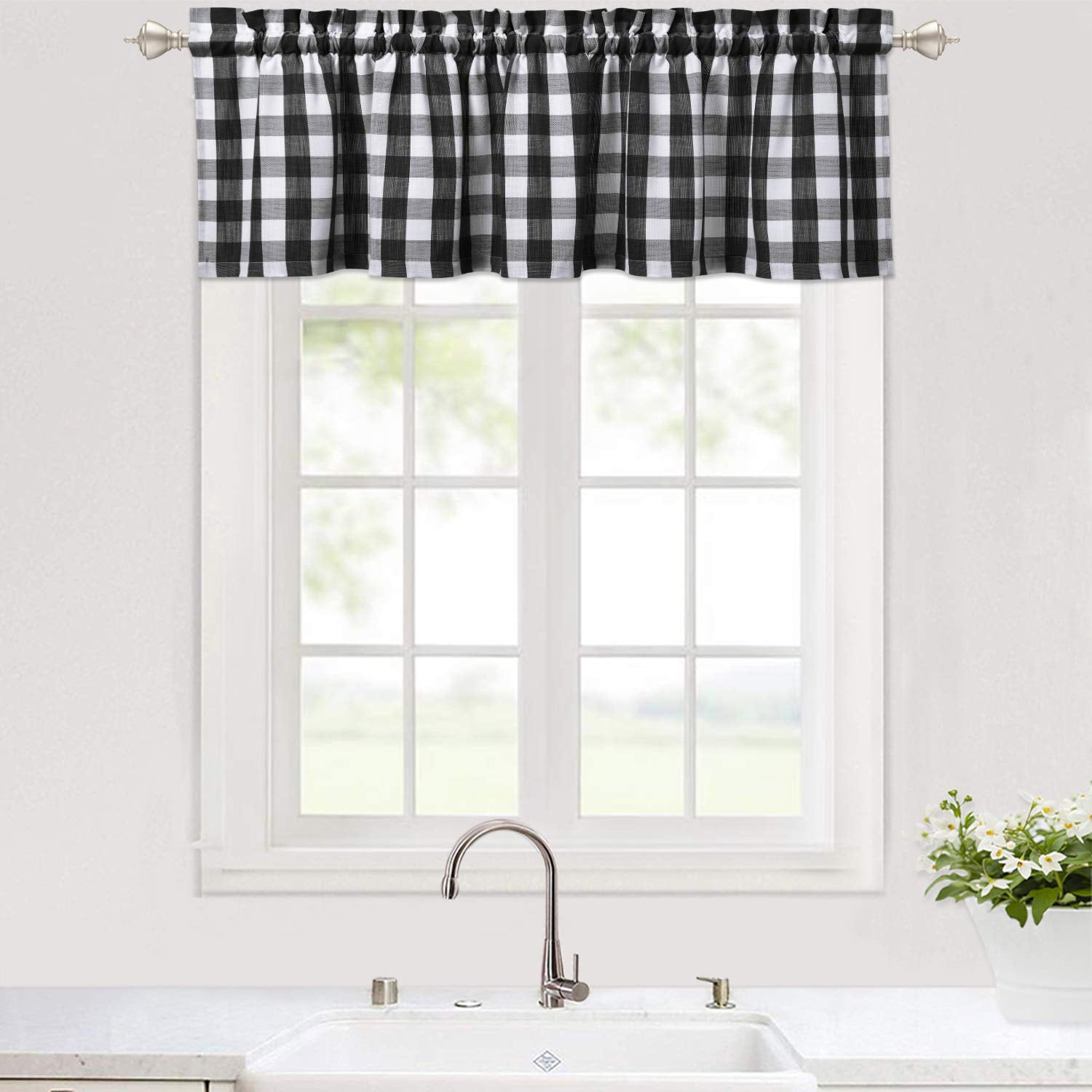 Buffalo Check Pattern Valance Kitchen Curtains, Thick Yarn Dyed, Black ...