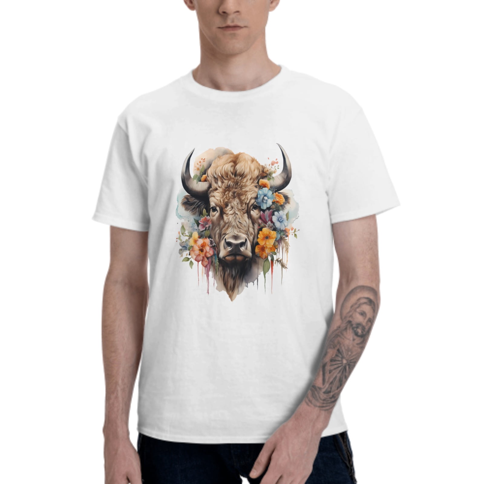 Buffalo Floral Men's T-Shirt Cotton 100% Summer Tops Fashion Casual ...