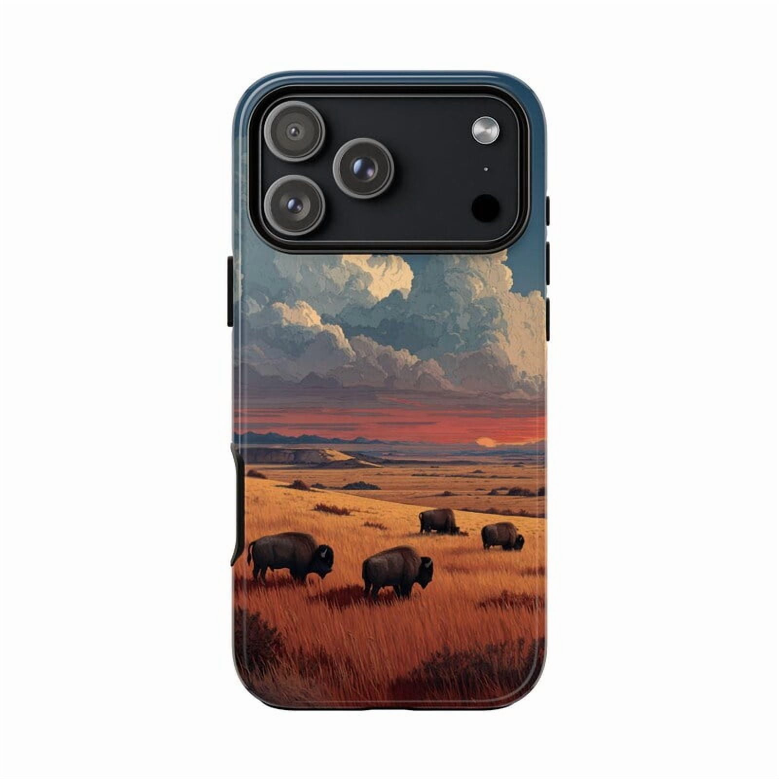 Buffalo Grazing Prairie Grass Calm Nature Art iPhone Case 17 through 11 ...
