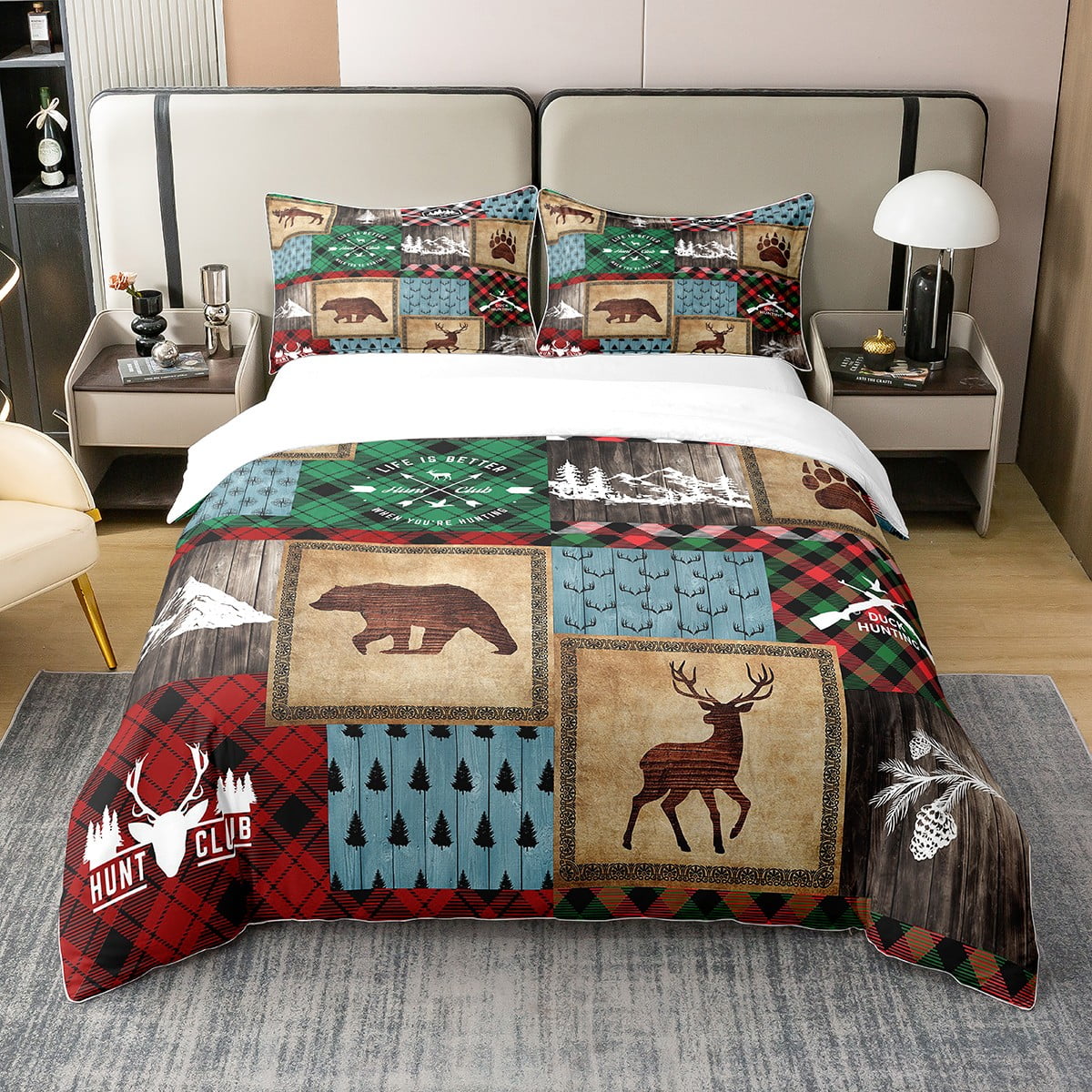 Buffalo Grid 100% Cotton Duvet Cover Twin Hunting Bear Deer Bedding Set for Kids Boys Girls ...