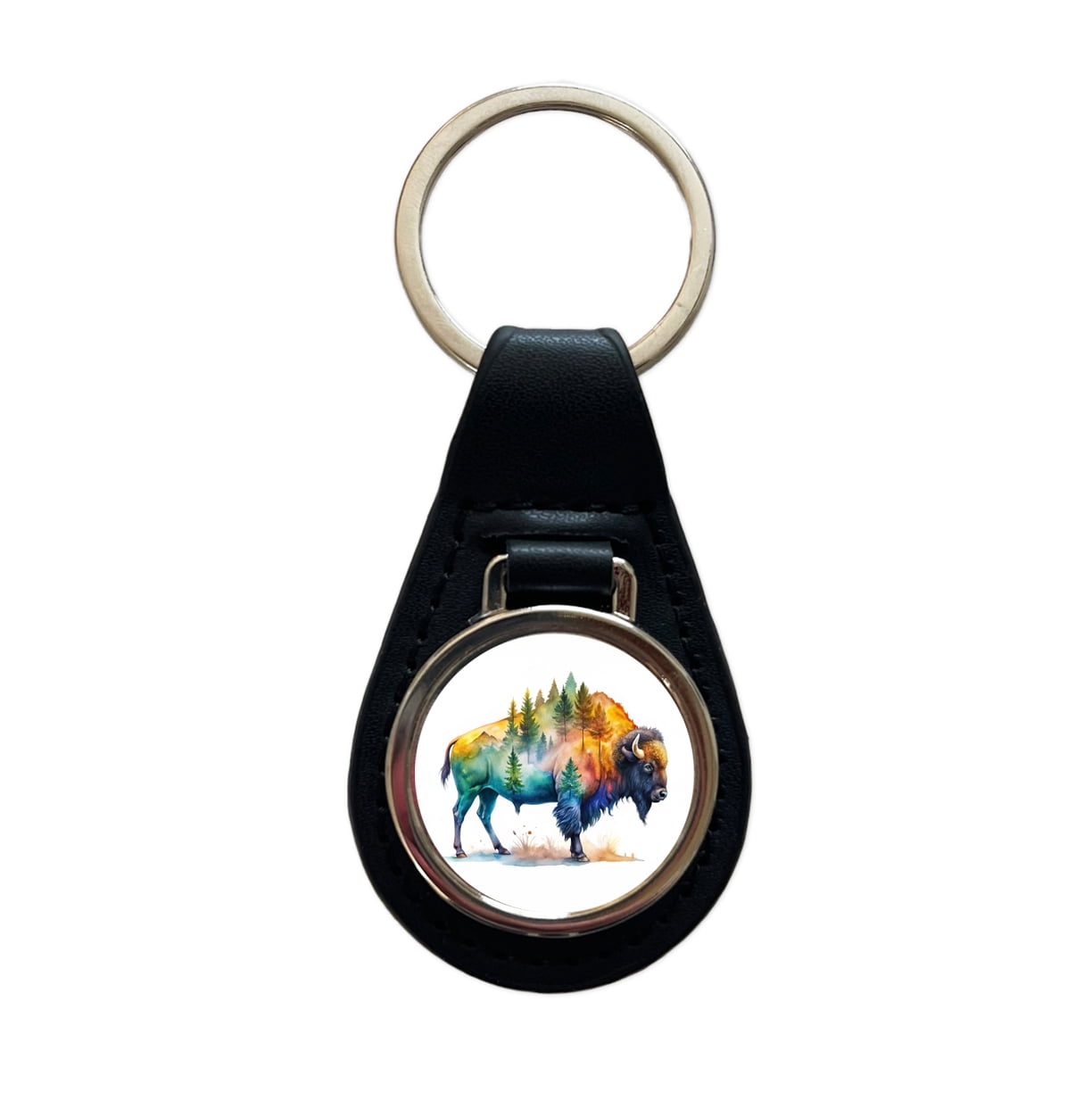 Buffalo In Forest Watercolor Design Metal Black Leather Keychain ...