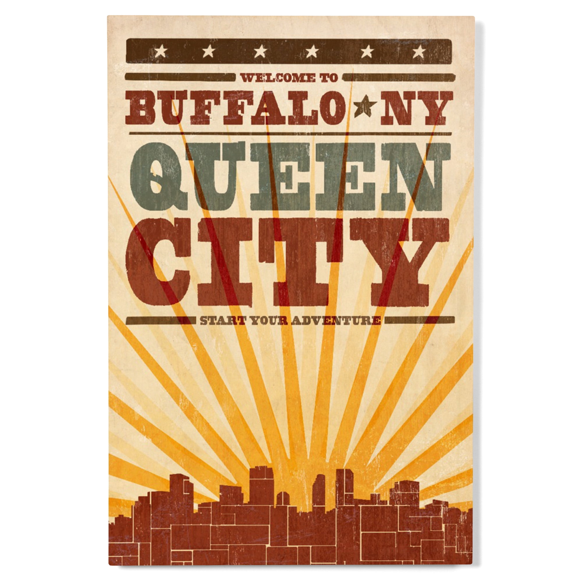 Buffalo, New York, Skyline and Sunburst Screenprint Style Birch Wood ...