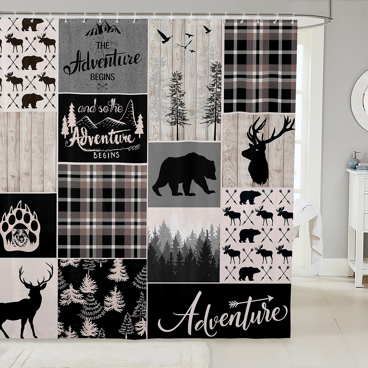 Buffalo Patchwork Bath Curtain, Hunting Bear Deer Waterproof Bathroom ...