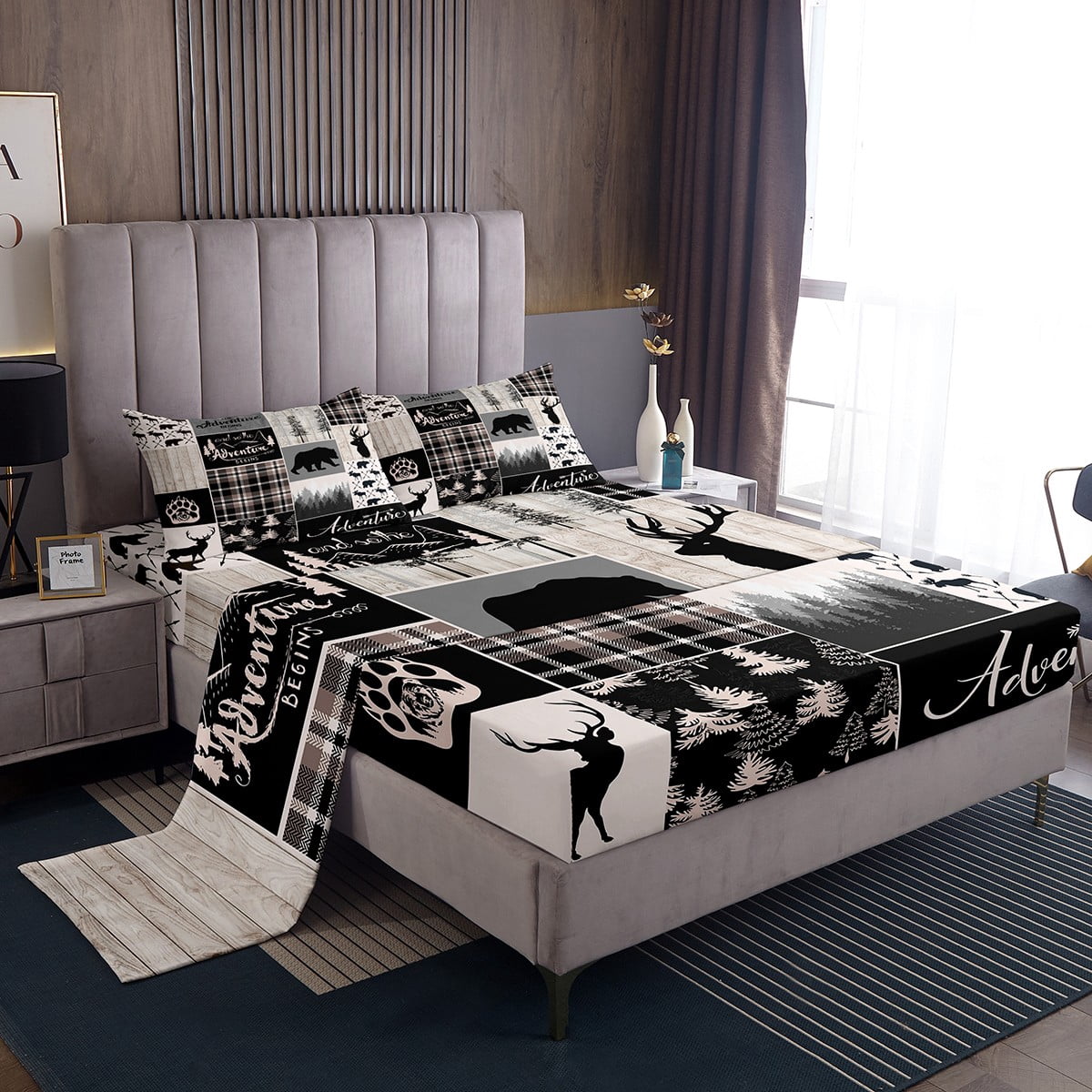 Buffalo Patchwork Twin Size Sheets, Hunting Bear Deer Sheet Set Teens ...