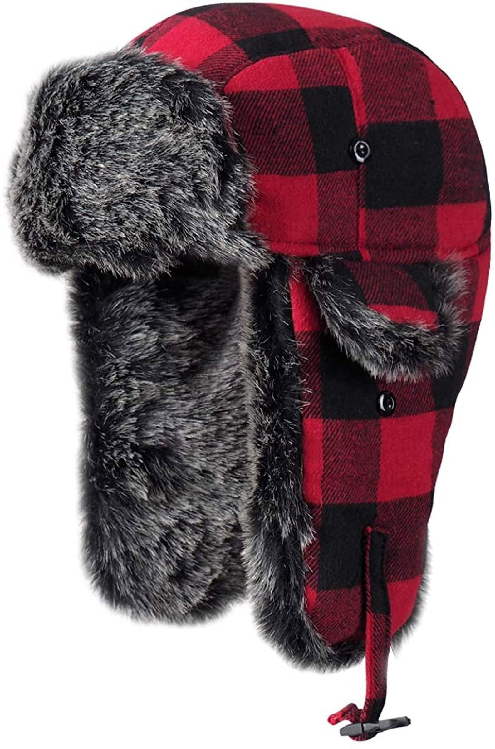 Buffalo Plaid Aviator Fur Trapper Hat Russian Bomber Hat with Ear Flaps ...