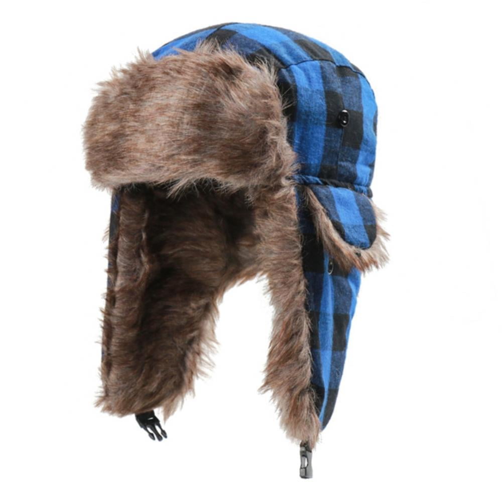 Buffalo Plaid Aviator Fur Trapper Hat Ushanka Eskimo Russian Bomber Hat ...
