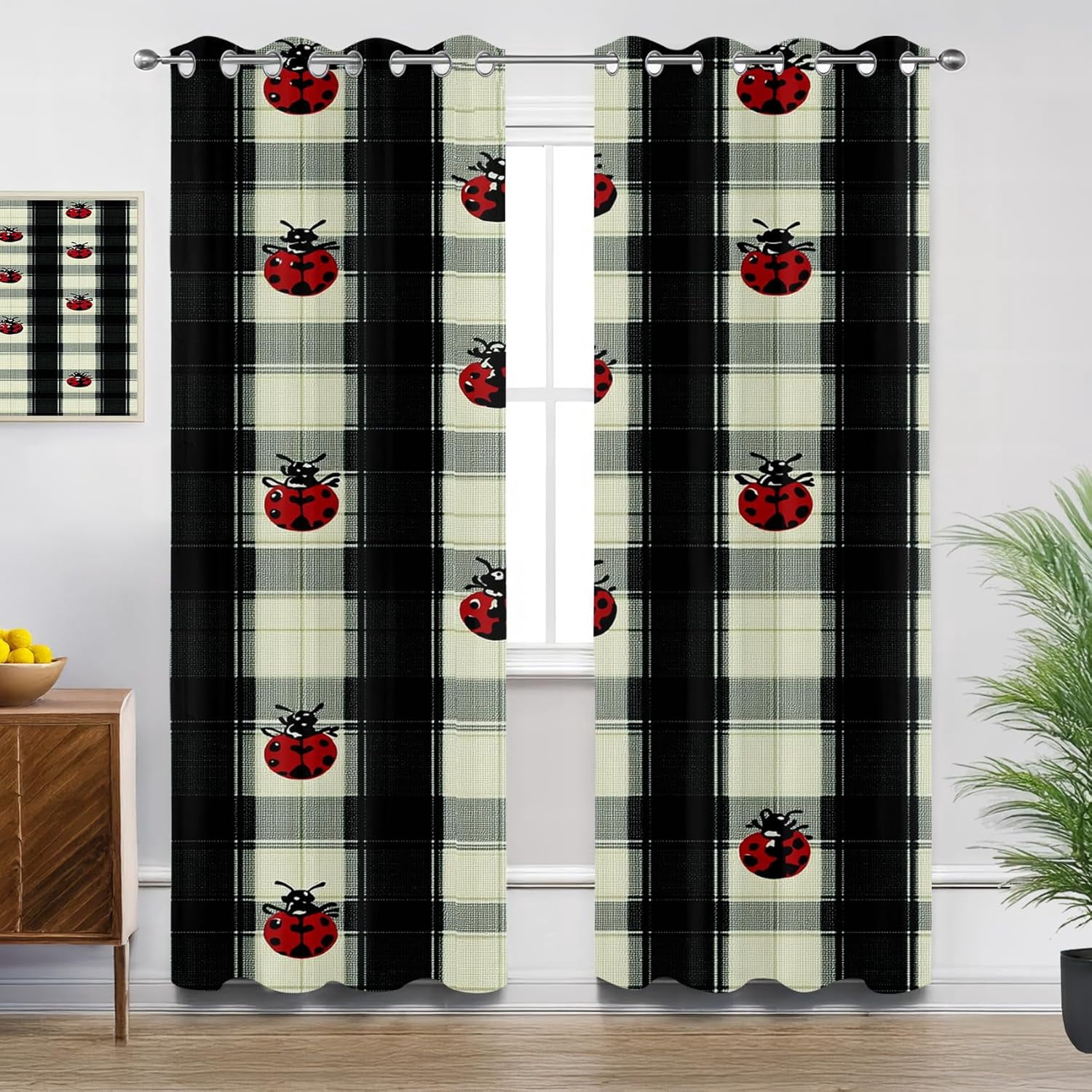Buffalo Plaid Blackout Curtains, Black Yellow Ladybug Nostalgic ...