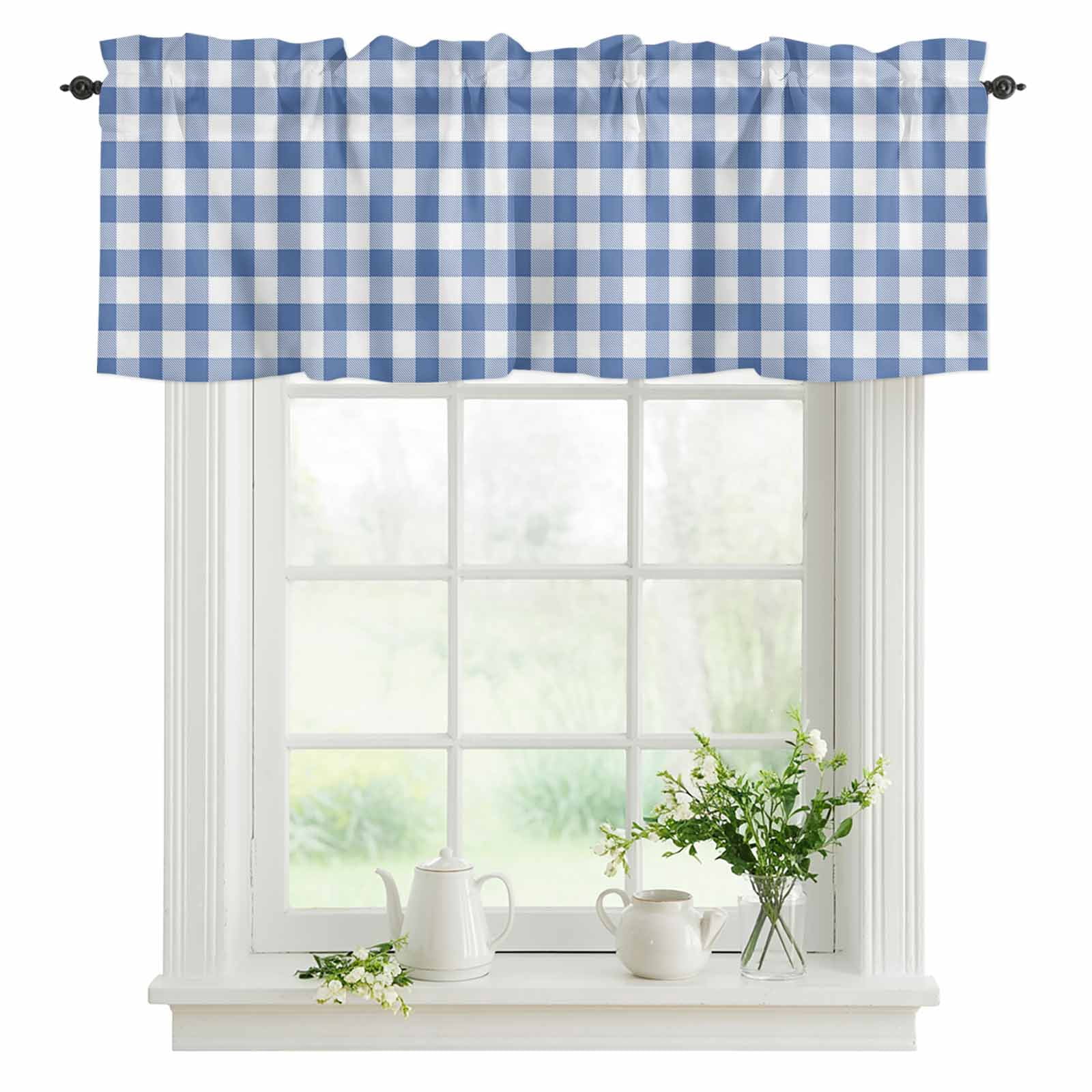Buffalo Plaid Blue Check Valances for Windows, Rod Pocket Kitchen ...