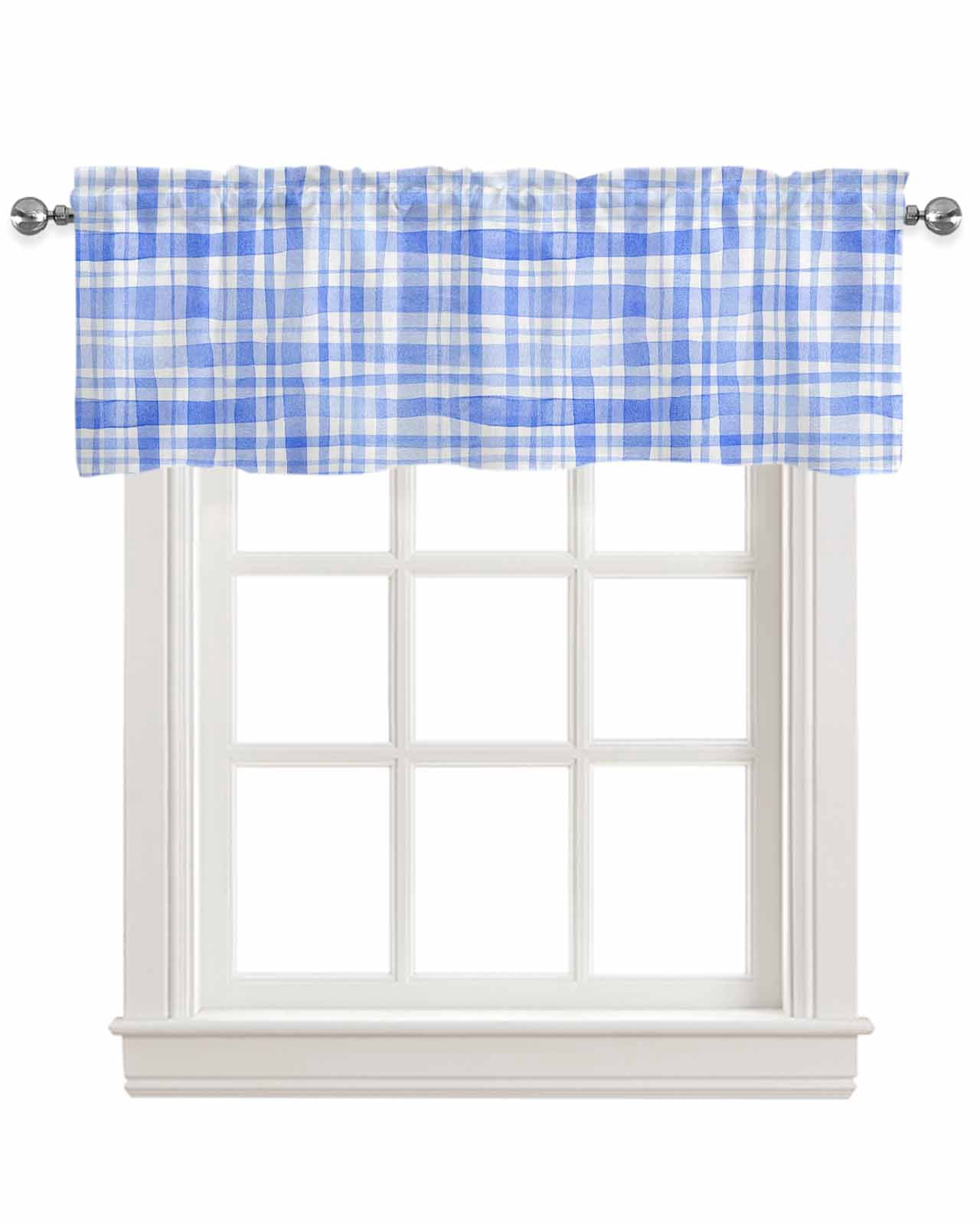 Buffalo Plaid Blue Linen Curtain Valance for Bedroom/Bathroom/Kitchen ...