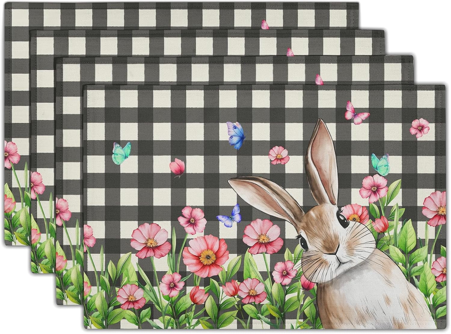Buffalo Plaid Bunny Placemat Set of 4 12 x 18 Inch Pink Flowers ...