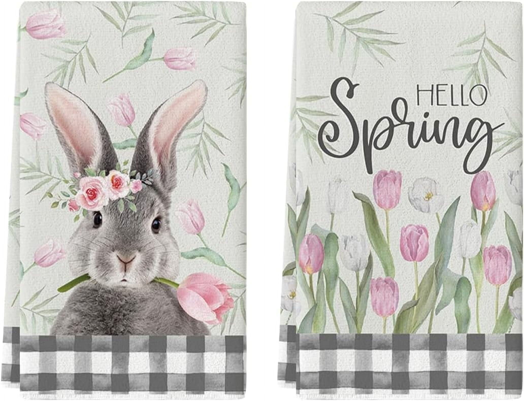 Buffalo Plaid Bunny Rabbit Flowers Hello Spring Easter Kitchen Towels ...