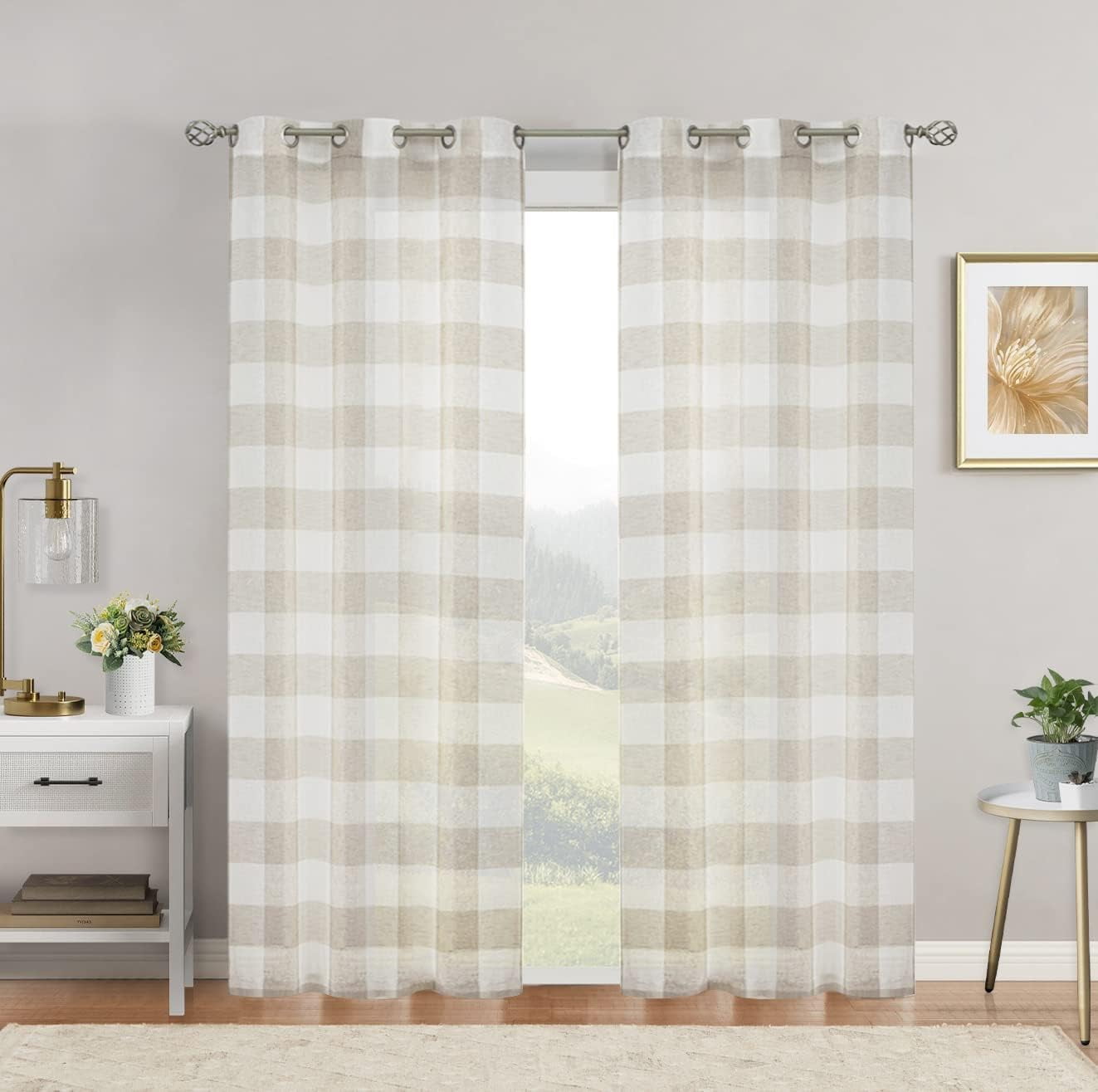 Buffalo Plaid Check Beige Sheer Curtain Panels, Gingham Grommet Top ...