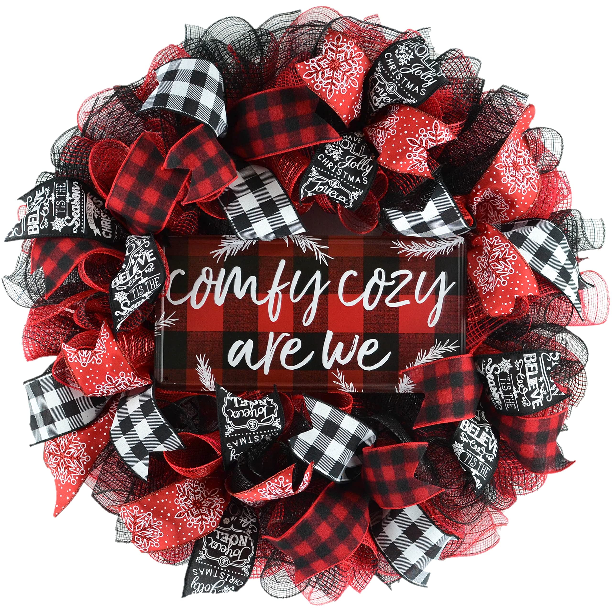 Buffalo Plaid Check Wreath | Comfy Cozy Are We Christmas Wreath; White ...