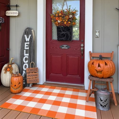 Buffalo Plaid Checkered Outdoor Rug, White and Orange Halloween Fall ...