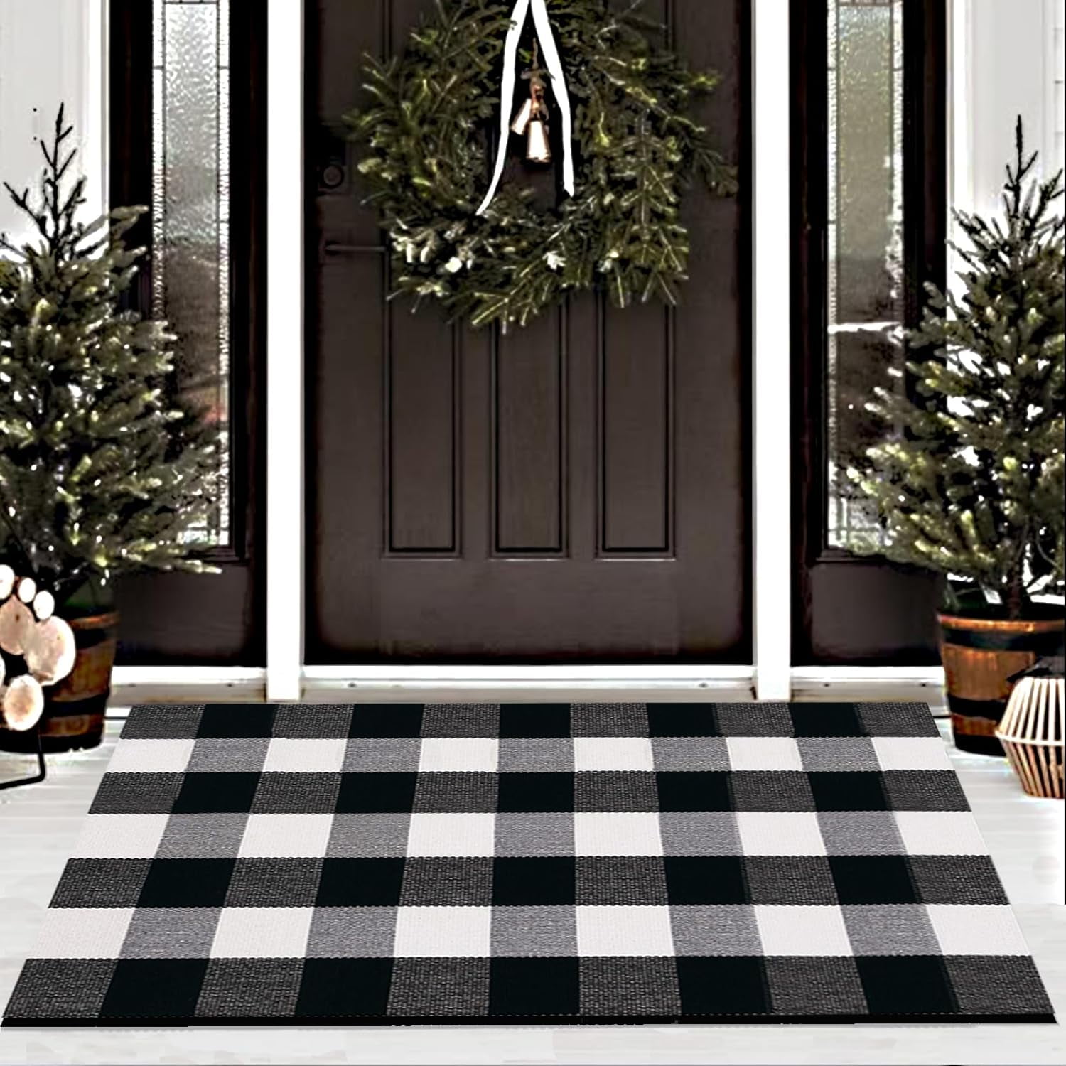 Buffalo Plaid Checkered Rug - Door Mat Outdoor, Black and White Outdoor ...