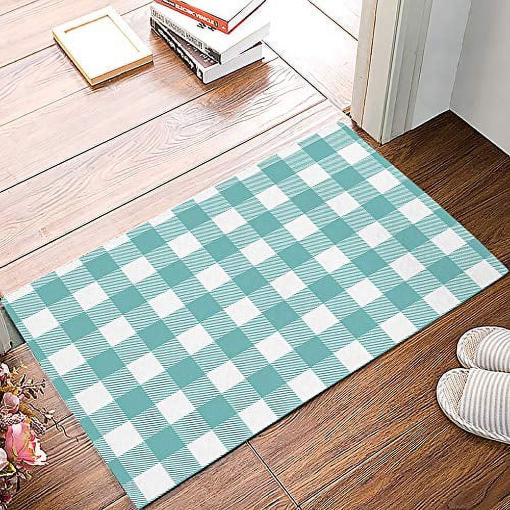 Buffalo Plaid Checkered Teal Green and White Doormat Indoor Outdoor ...