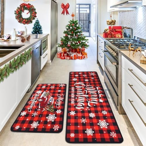 Buffalo Plaid Christmas Kitchen Decor - Red Truck Xmas Decorations for ...