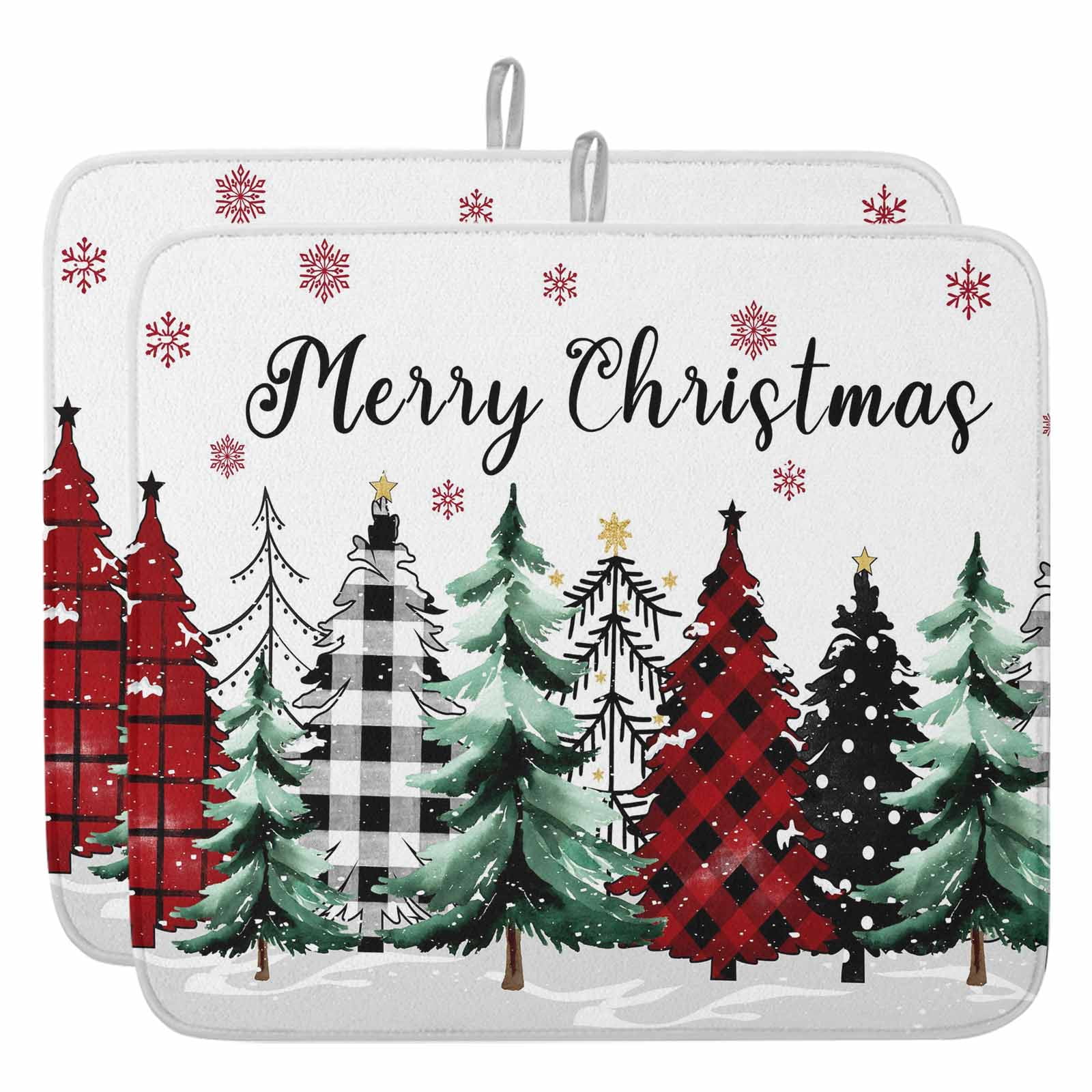 Buffalo Plaid Christmas Tree Dish Drying Mat, White Winter Snowflakes ...