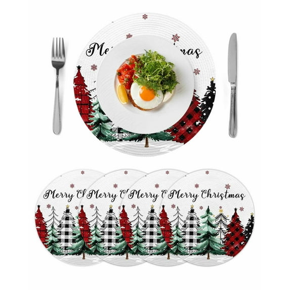 Buffalo Plaid Christmas Tree Round Table Placemats set of 4, White ...