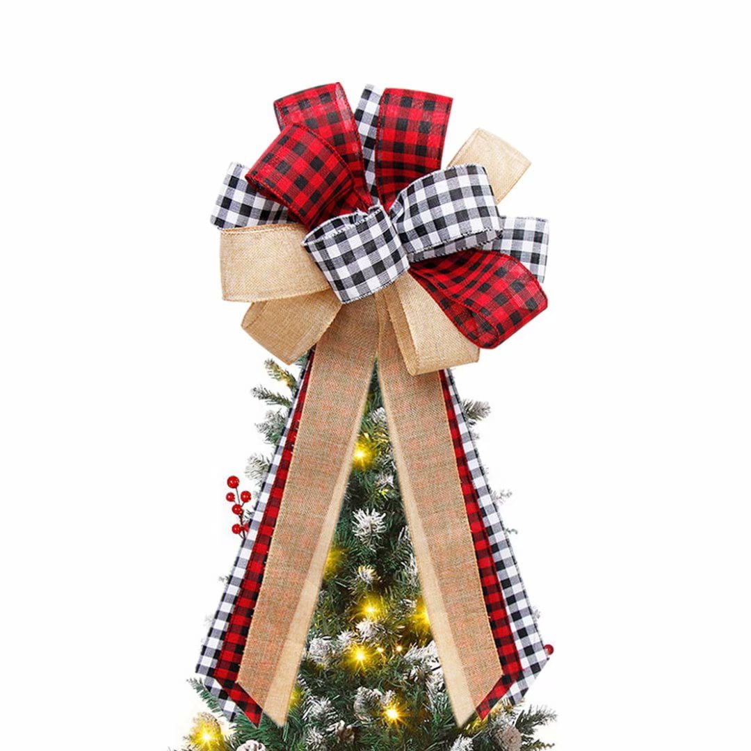 Buffalo Plaid Christmas Tree Topper Decoration Red Black Burlap Bow