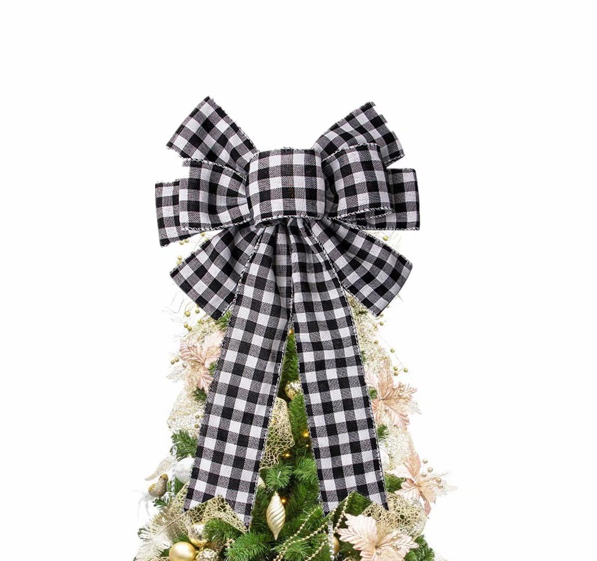 Buffalo Plaid Christmas Tree Topper Decoration White Black Burlap Bow ...