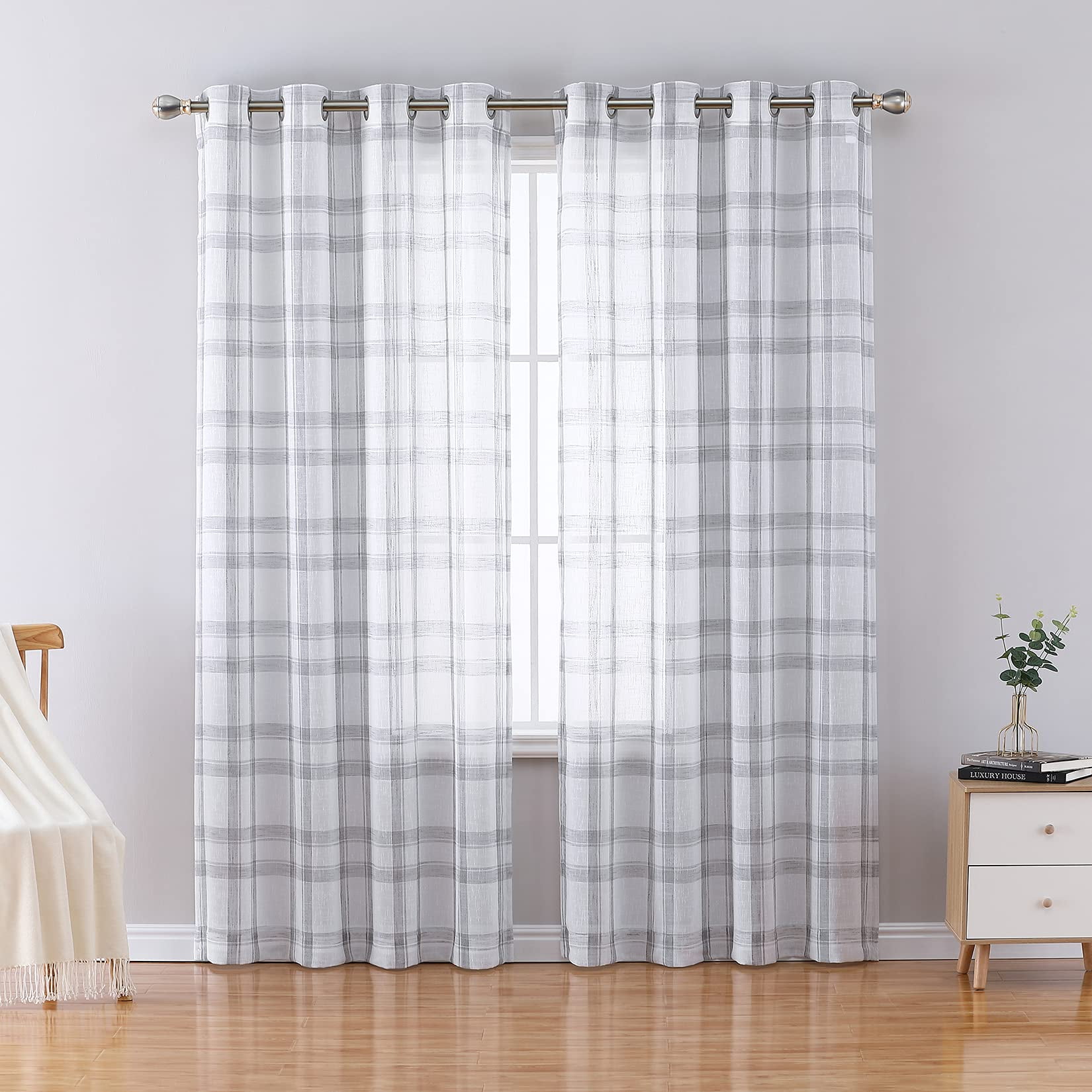 Buffalo Plaid Curtains Linen Checked Curtain Drapes Semi-Sheer Rustic ...