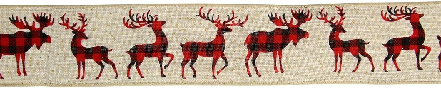 Buffalo Plaid Deer and Sparkle Burlap Style Wired Craft Ribbon 2.5" X ...